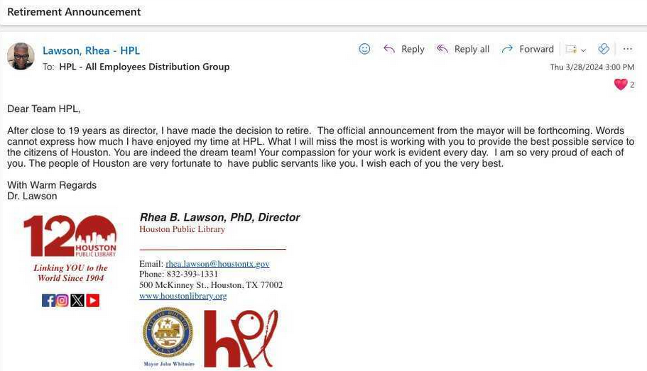 Whitmire replaces longtime Houston Public Library director